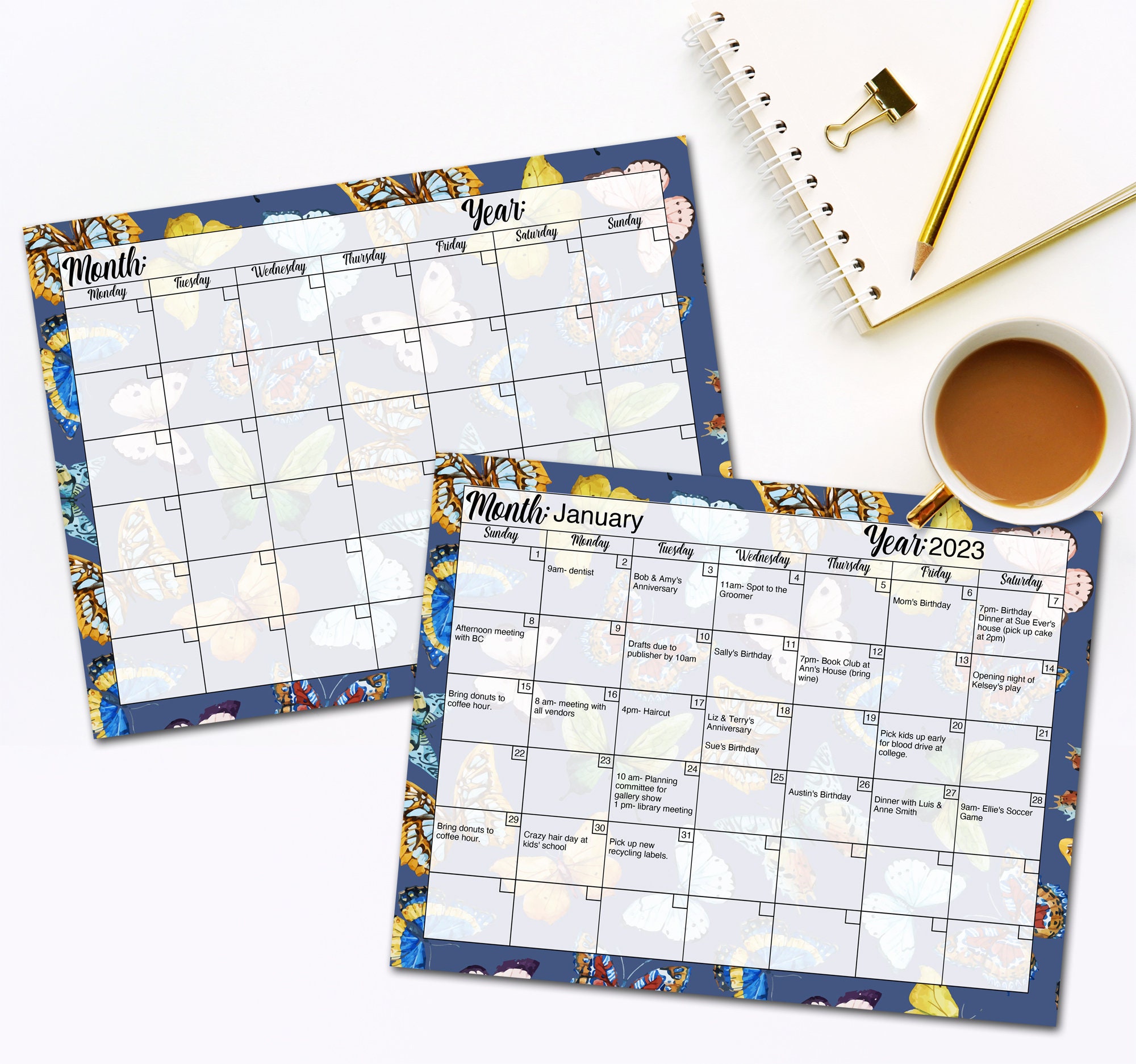 Editable & Printable Blank Calendar Pages in Butterfly Design ...