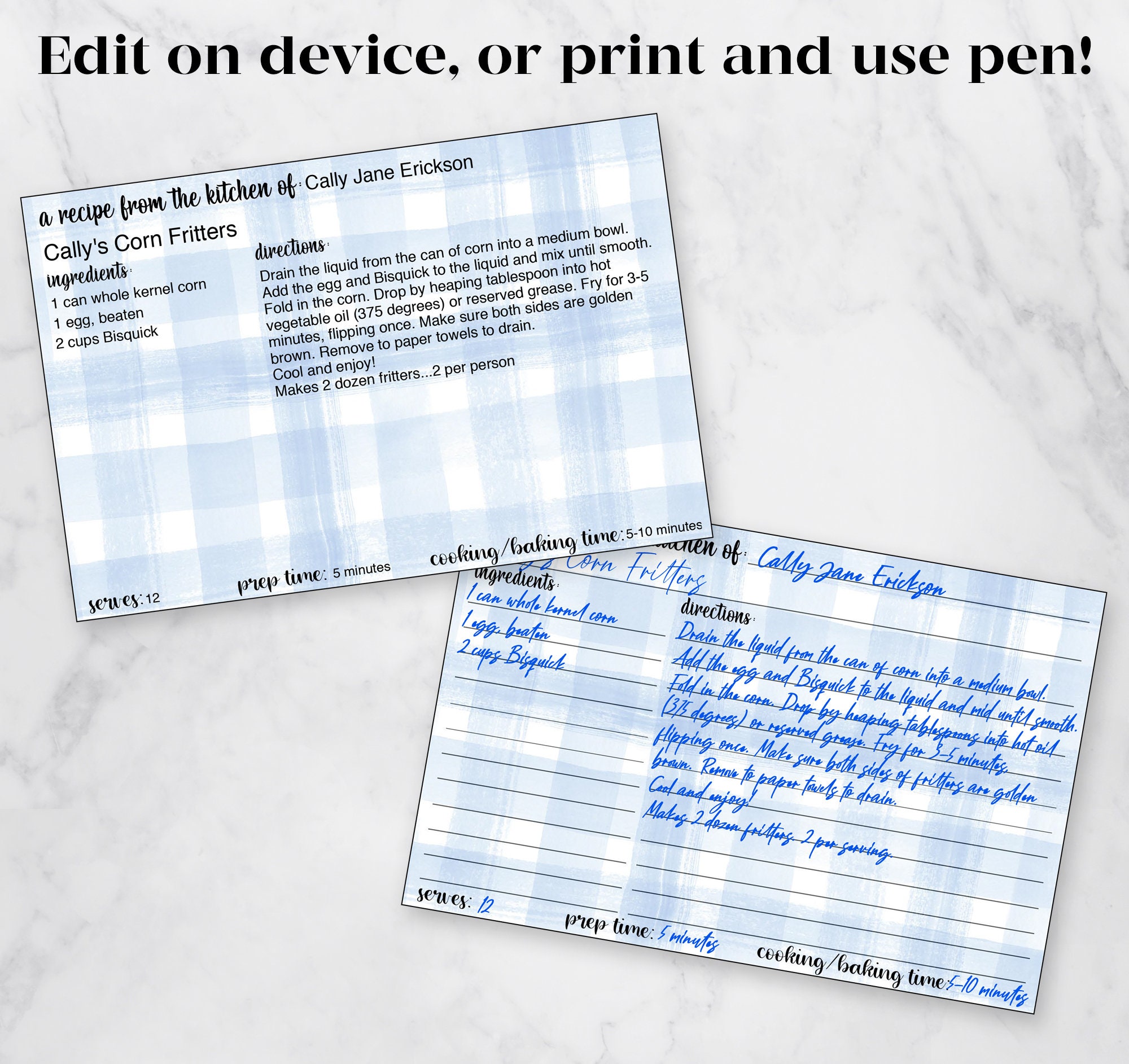 Editable & Printable Recipe Cards With Watercolor Plaid Design ...