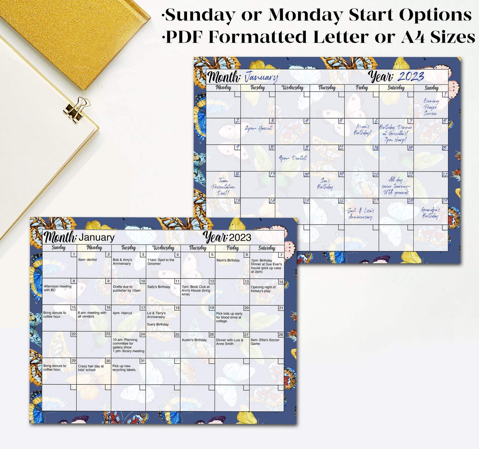 Editable & Printable Blank Calendar Pages in Butterfly Design ...
