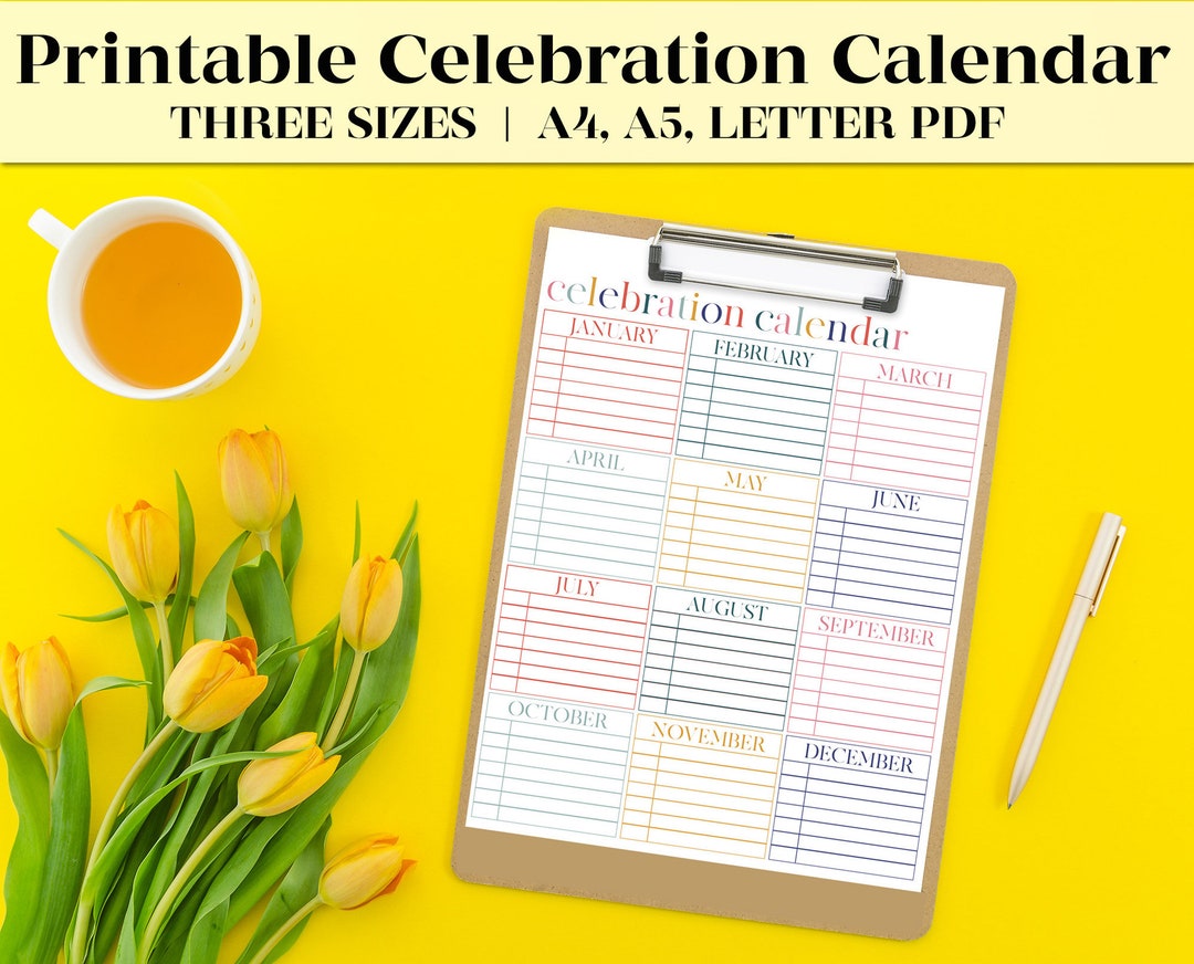 Printable Celebration Calendar | Digital Download | Perpetual Calendar ...