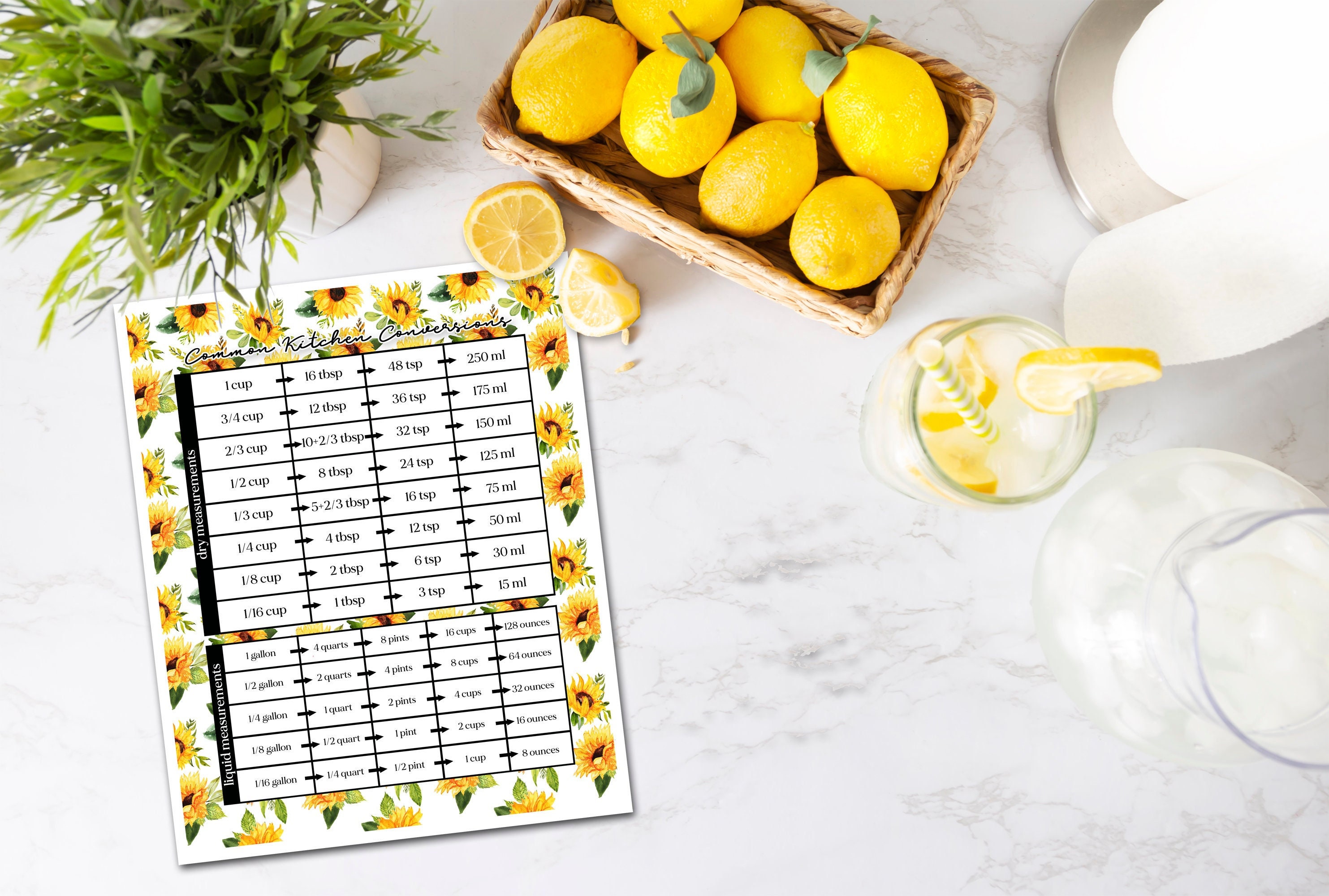 Sunflower Pattern Printable Kitchen Conversion Chart With US ...