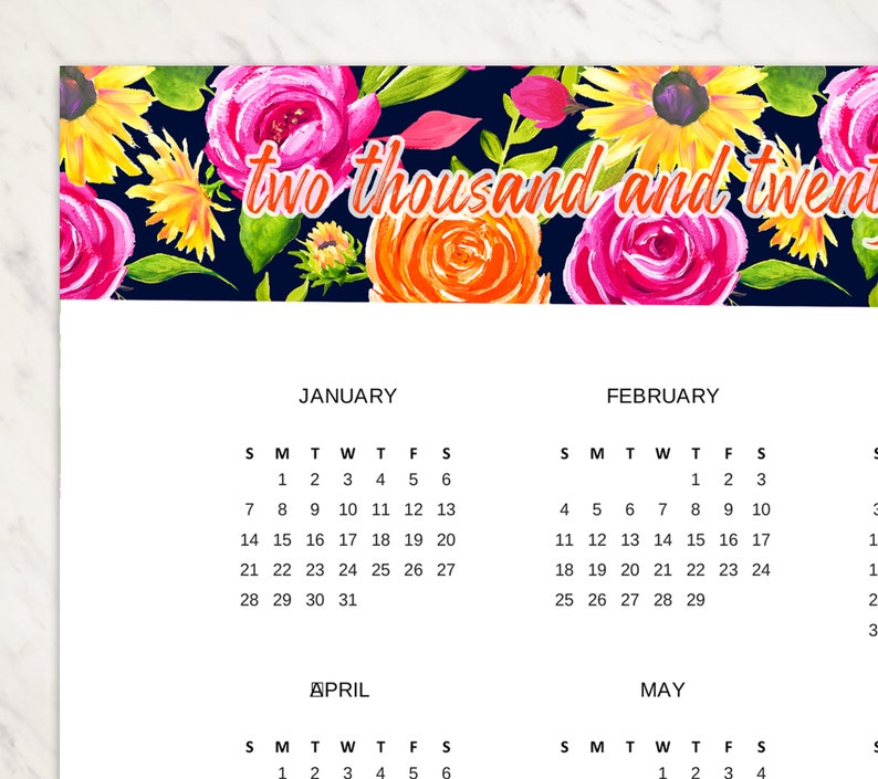Printable Floral 2024 Calendar Year at a Glance | Preppy Floral ...