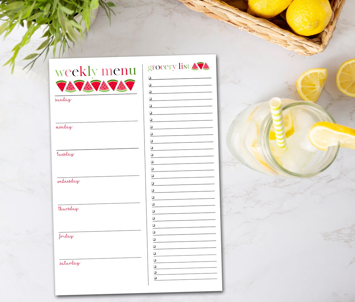 Printable Weekly Meal Planner & Grocery List - Watermelon Theme ...