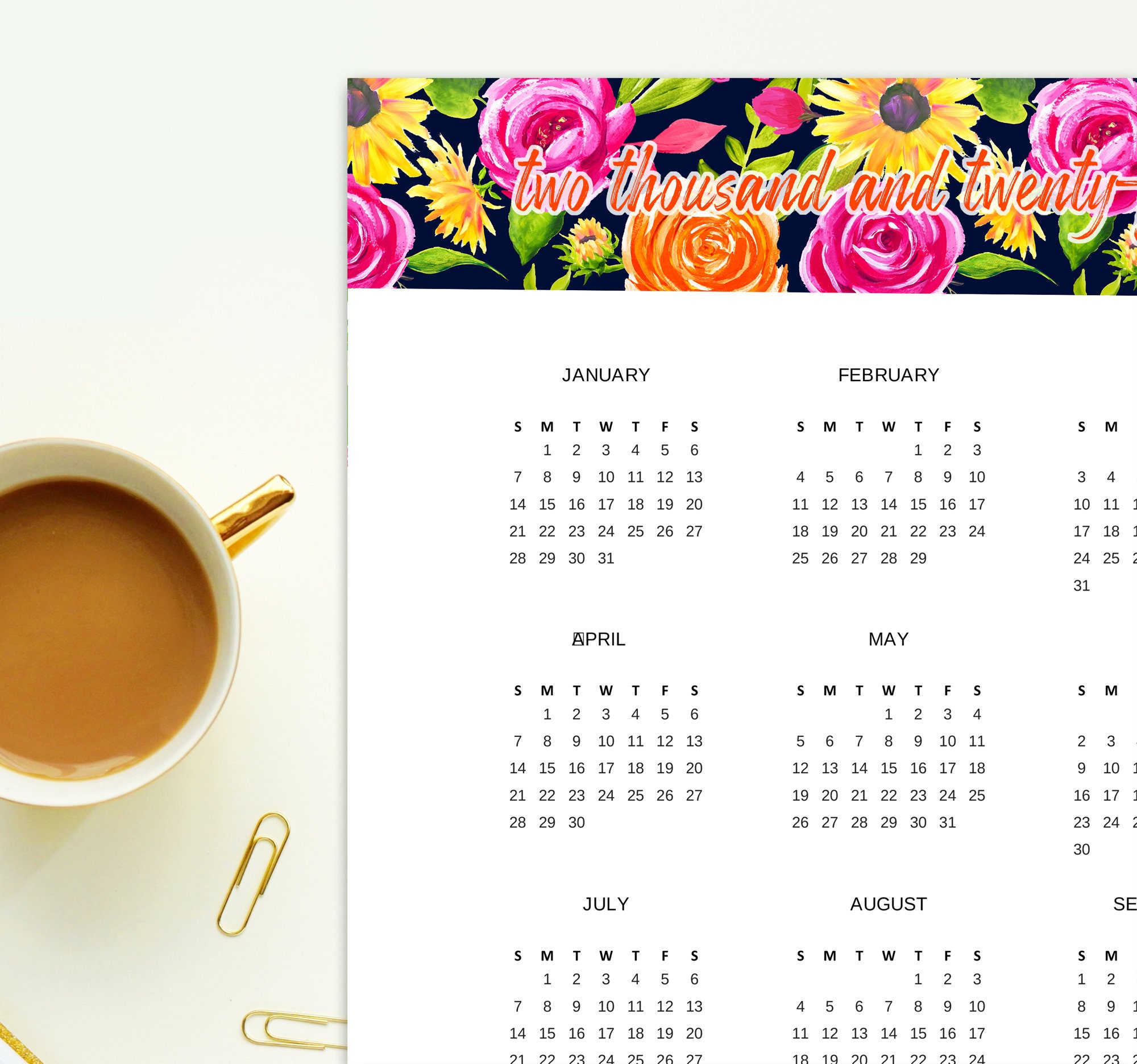 Printable Floral 2024 Calendar Year at a Glance Preppy Floral Printable ...