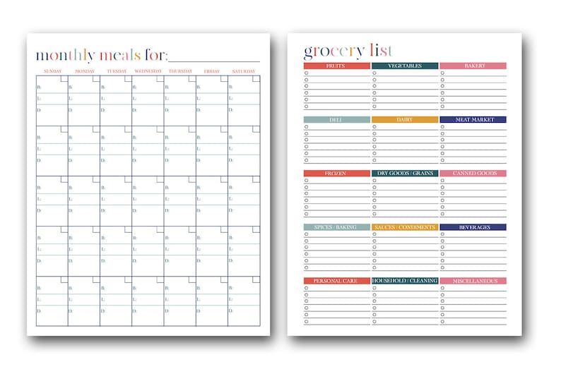 Printable Monthly Meal Planner and Grocery List Menu Planner Shopping ...