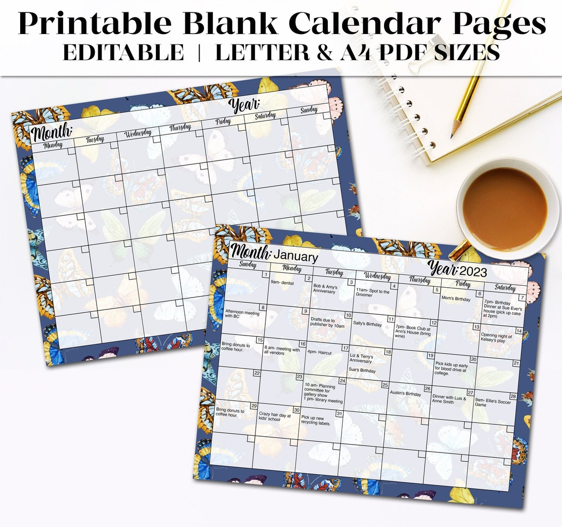 Editable & Printable Blank Calendar Pages in Butterfly Design ...