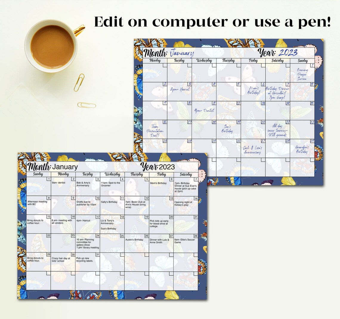 Editable & Printable Blank Calendar Pages in Butterfly Design ...
