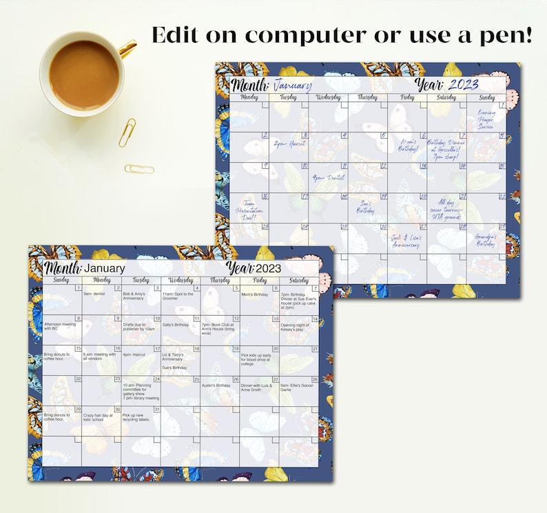 Editable & Printable Blank Calendar Pages in Butterfly Design ...