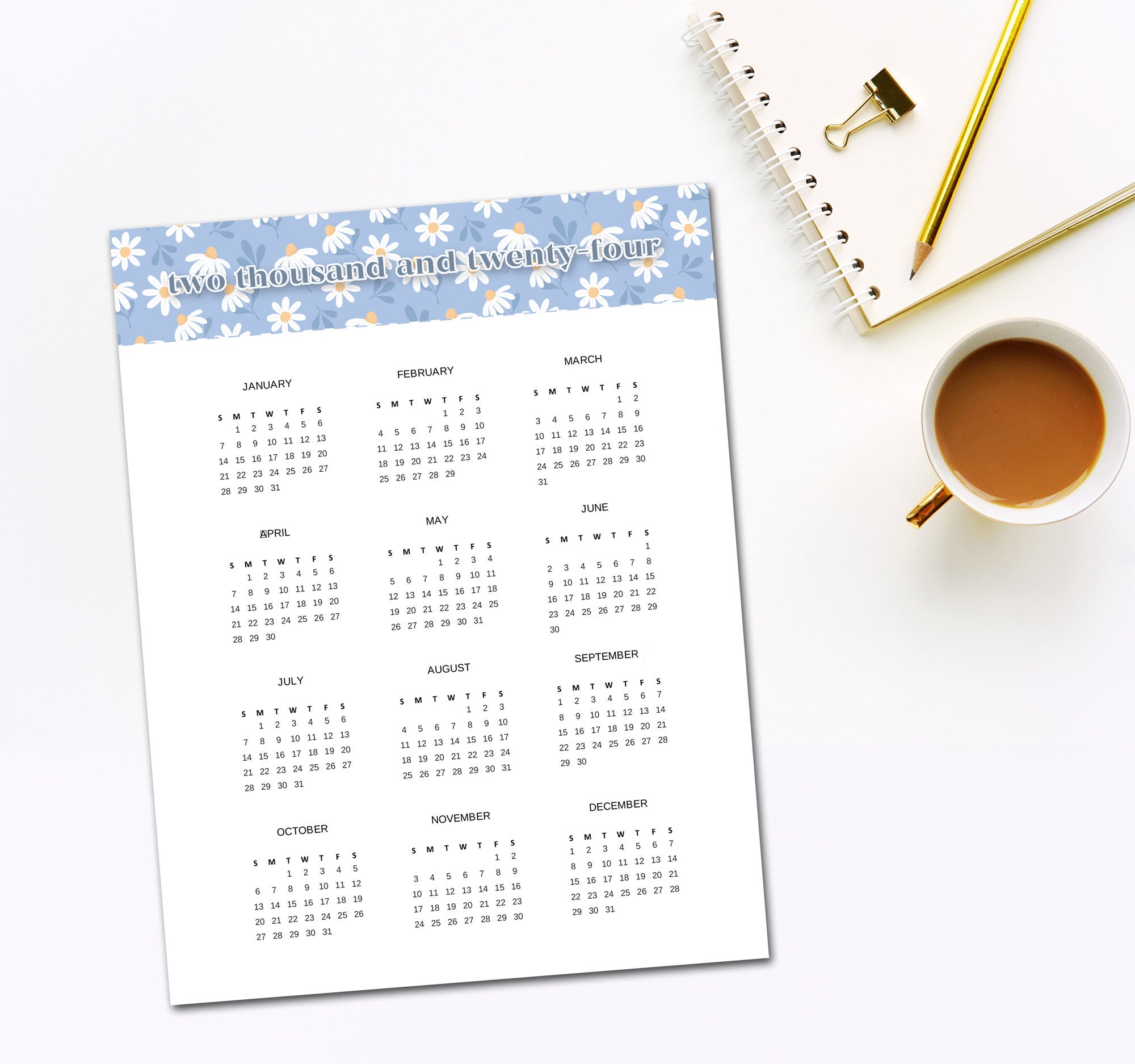 2024 Calendar Printable With Daisies | Printable Yearly Calendar ...
