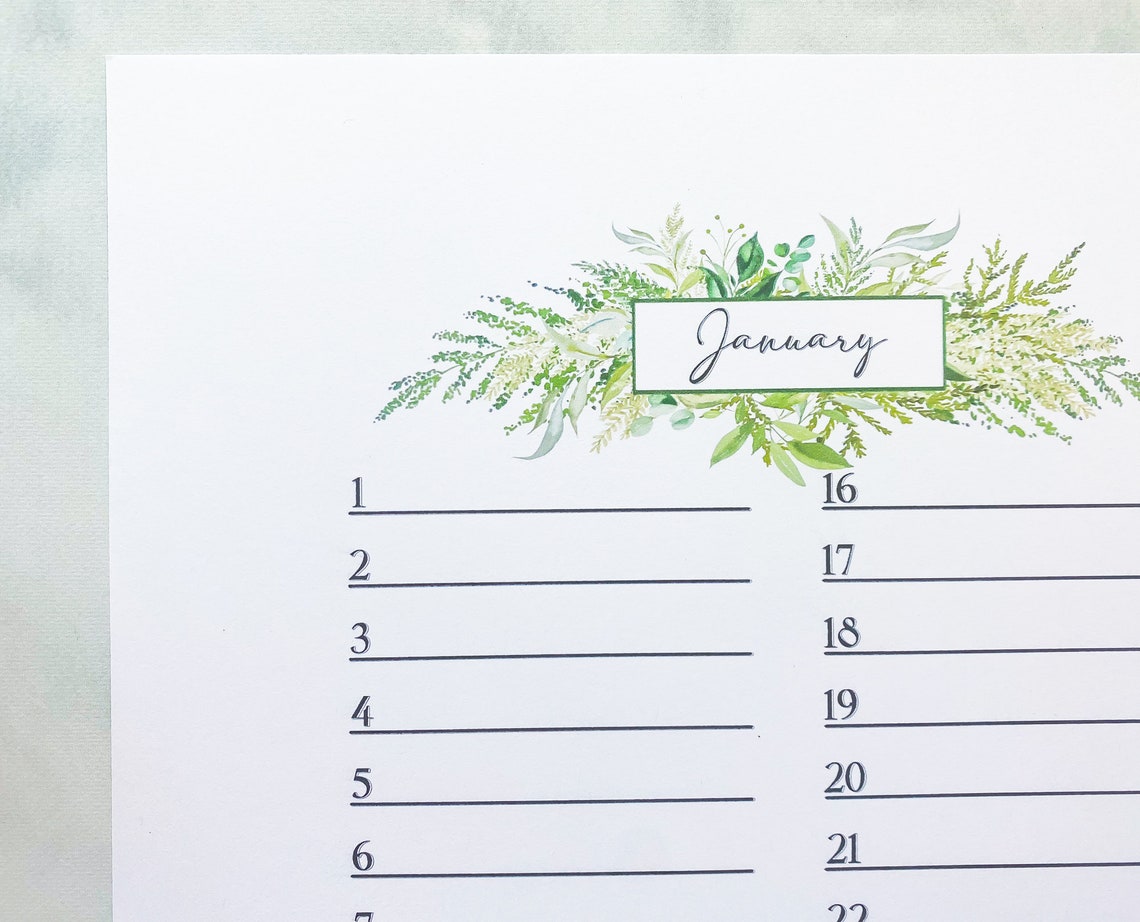 Printable Watercolor Botanical Perpetual Calendar Desk Calendar Undated ...