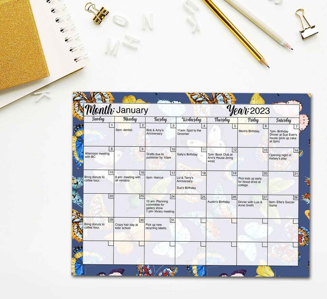 Editable & Printable Blank Calendar Pages in Butterfly Design ...