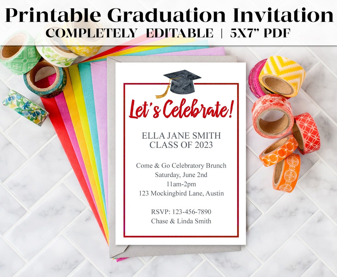 Printable Graduation Party Invitation With Red Accents | Editable ...