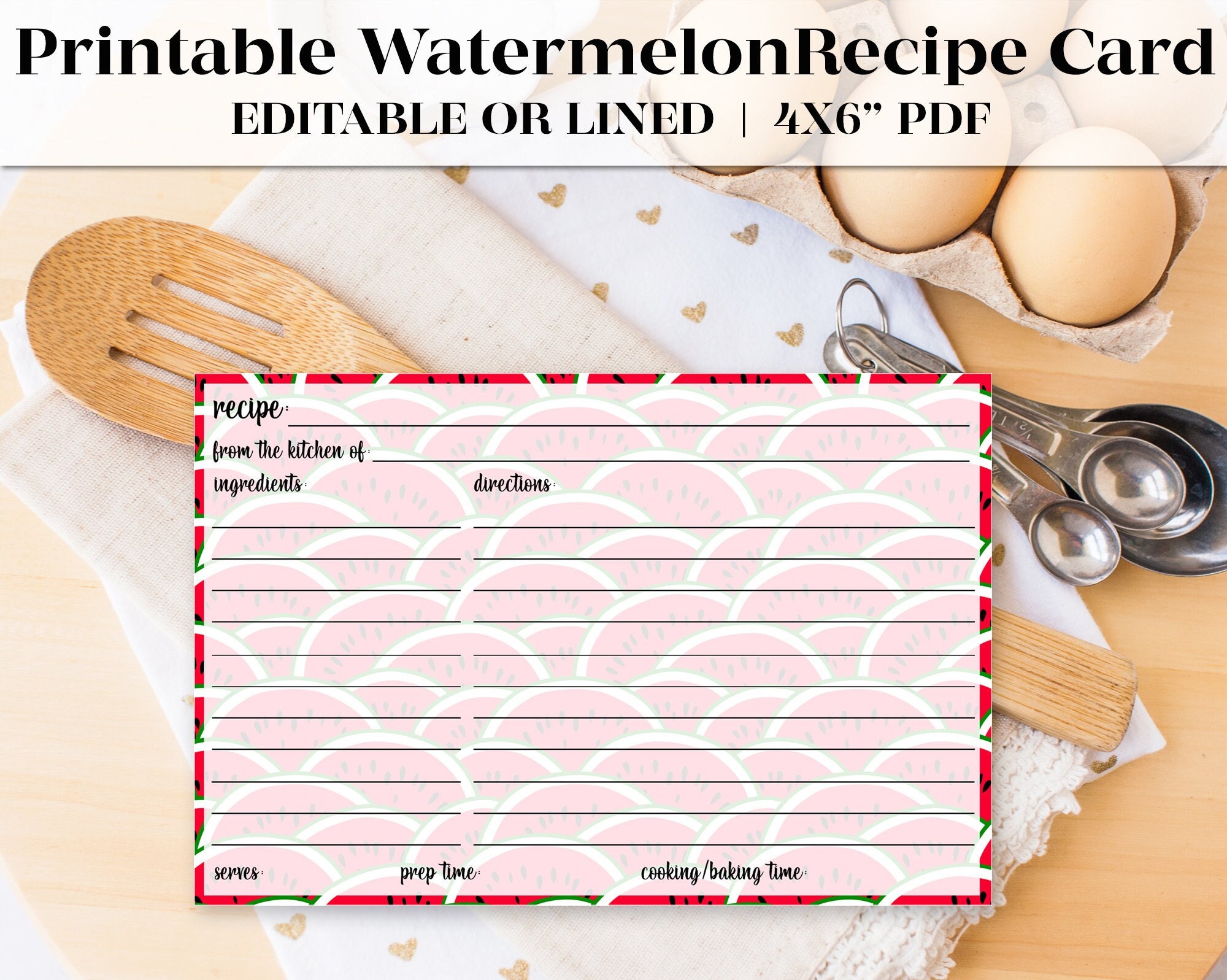 Watermelon Recipe Card Printables Editable Summer Recipe Cards Instant ...