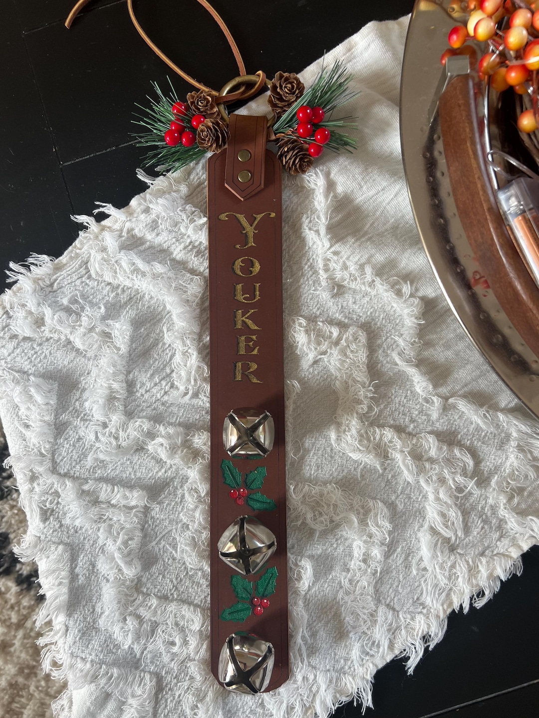 Personalized Leather Sleigh Bell Door Hanger - Etsy