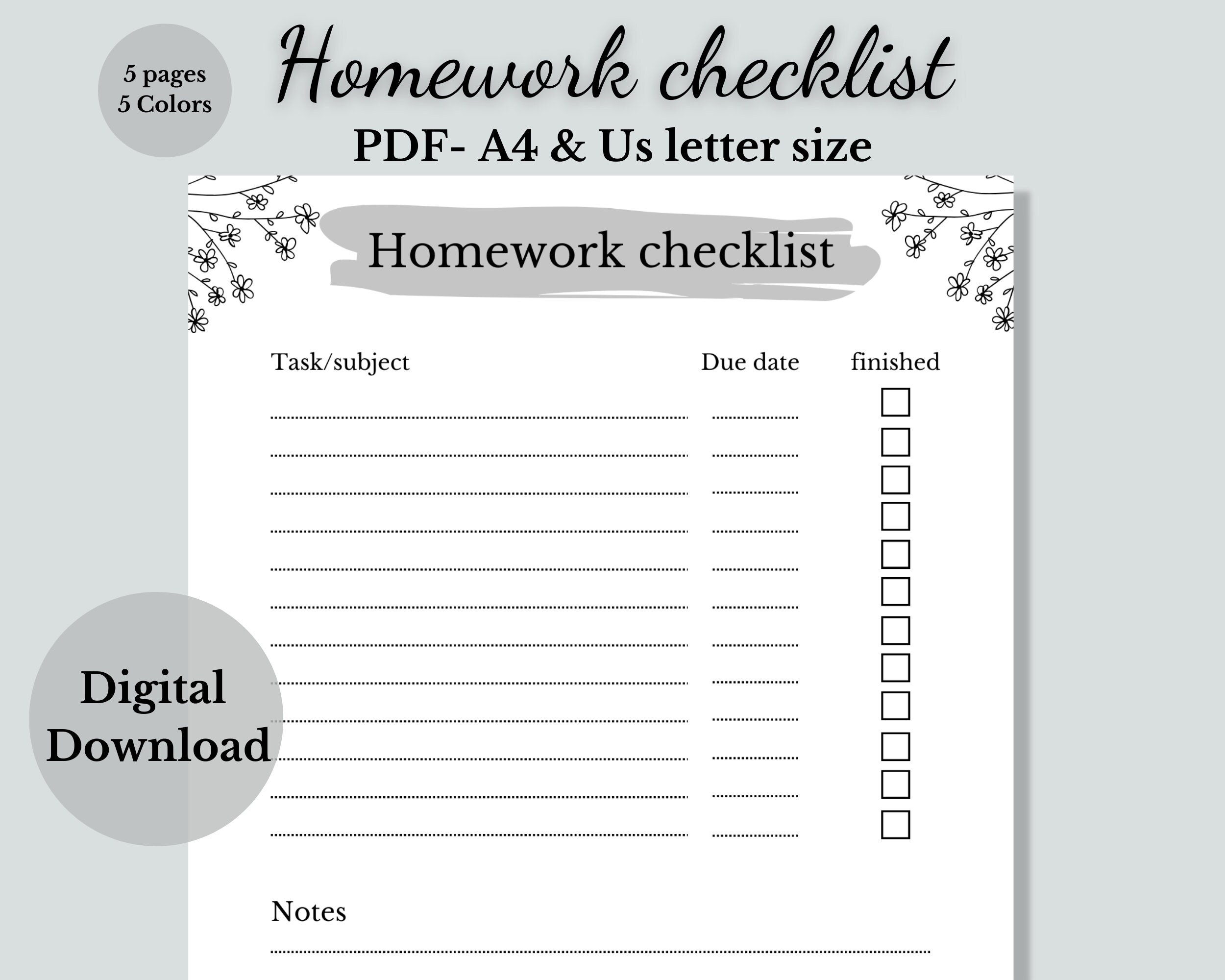 Homework Checklist, Printable Planner, Homework Tracker, Planner ...