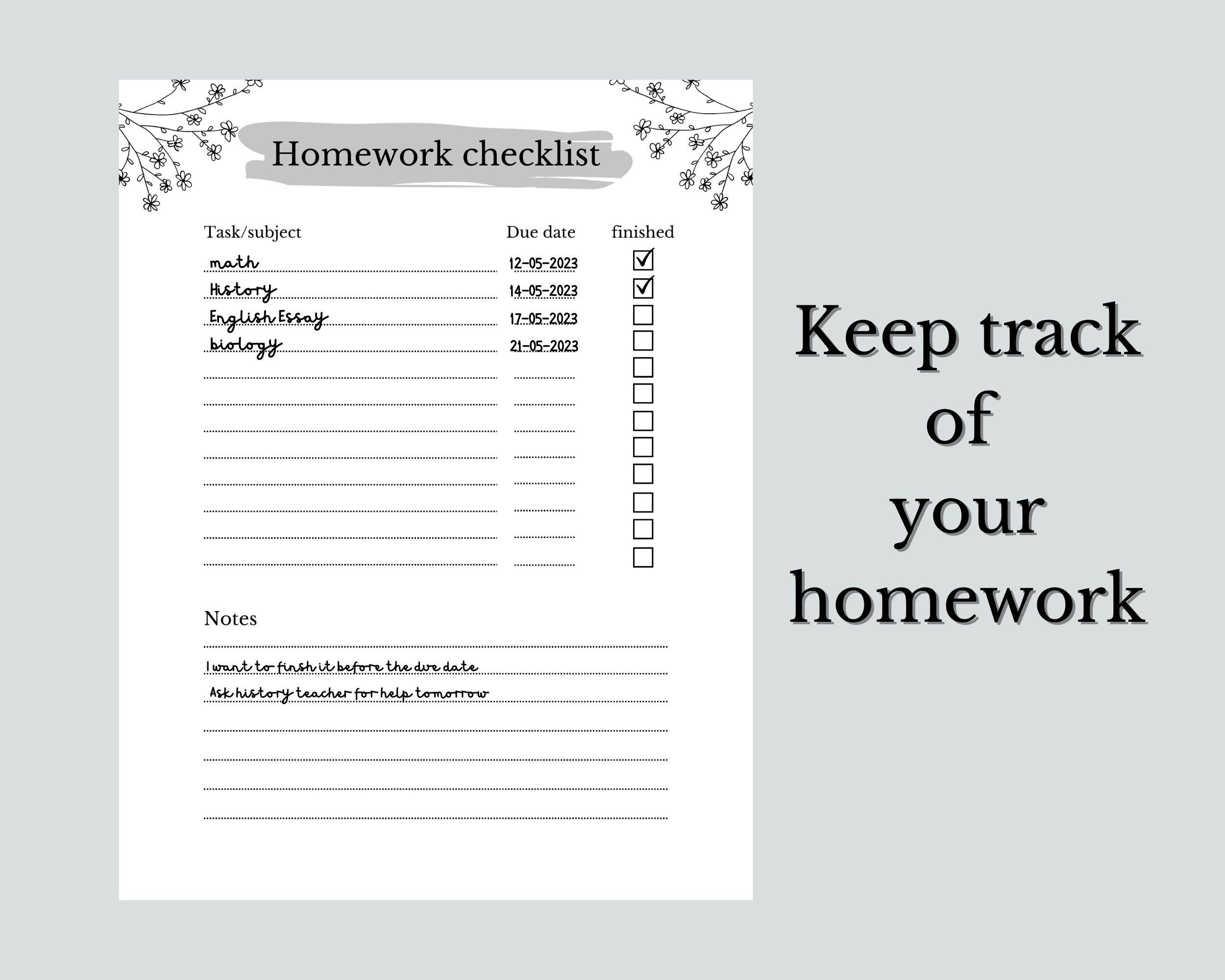 Homework Checklist, Printable Planner, Homework Tracker, Planner ...