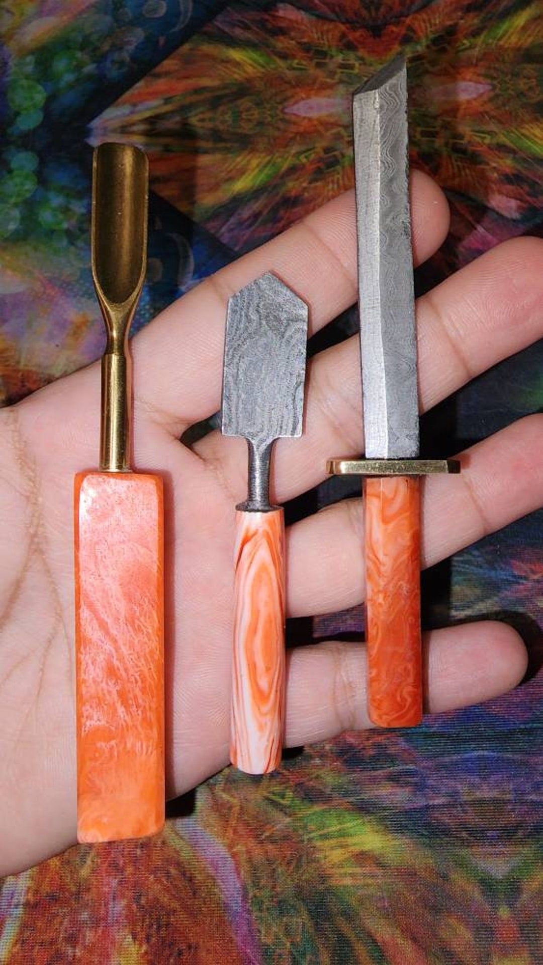Mini Damascus Steel Katana Mini Damascus Steel Shovel and Wax Carving ...
