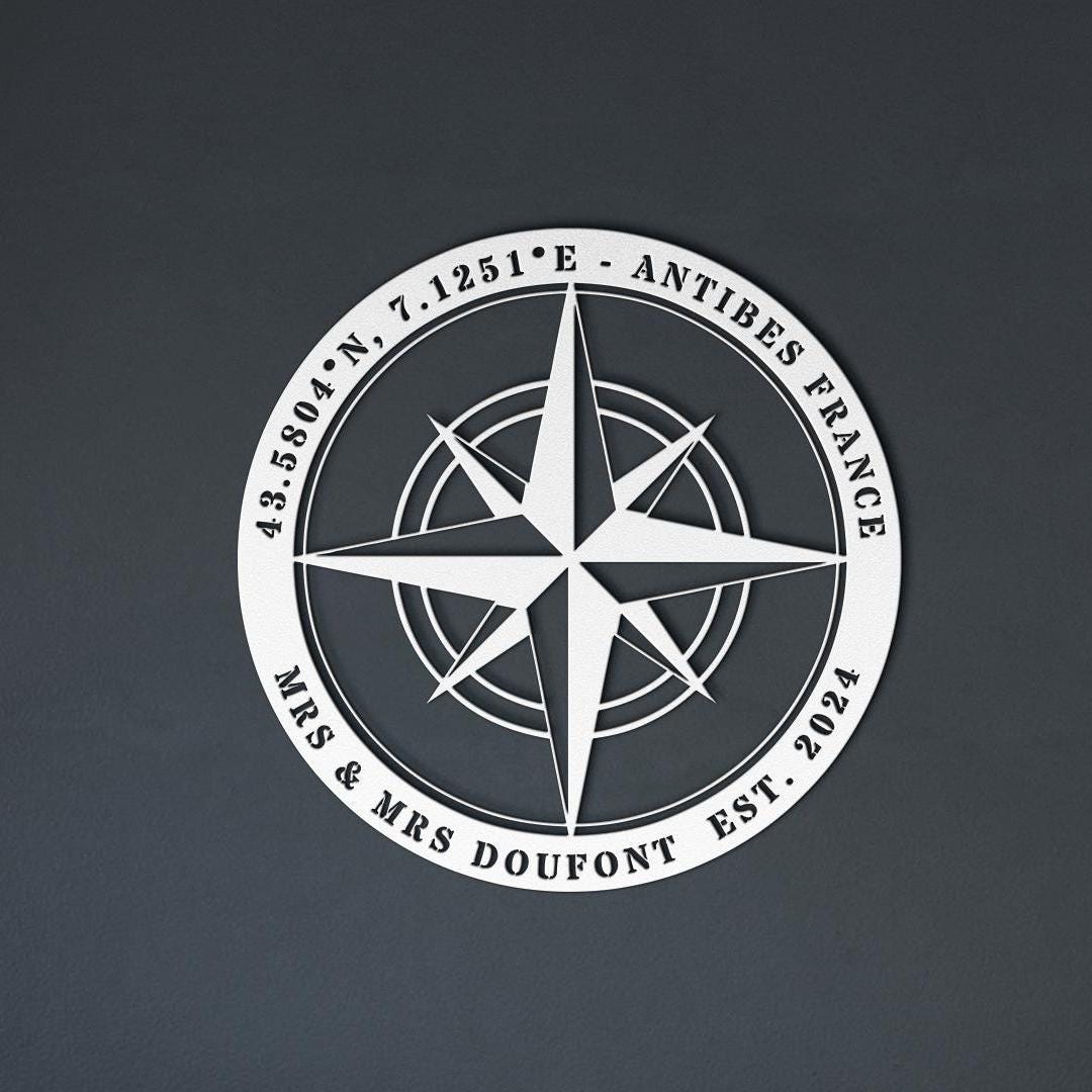Personalized Compass Metal Sign, Custom Coordinates Sign, Nautical ...