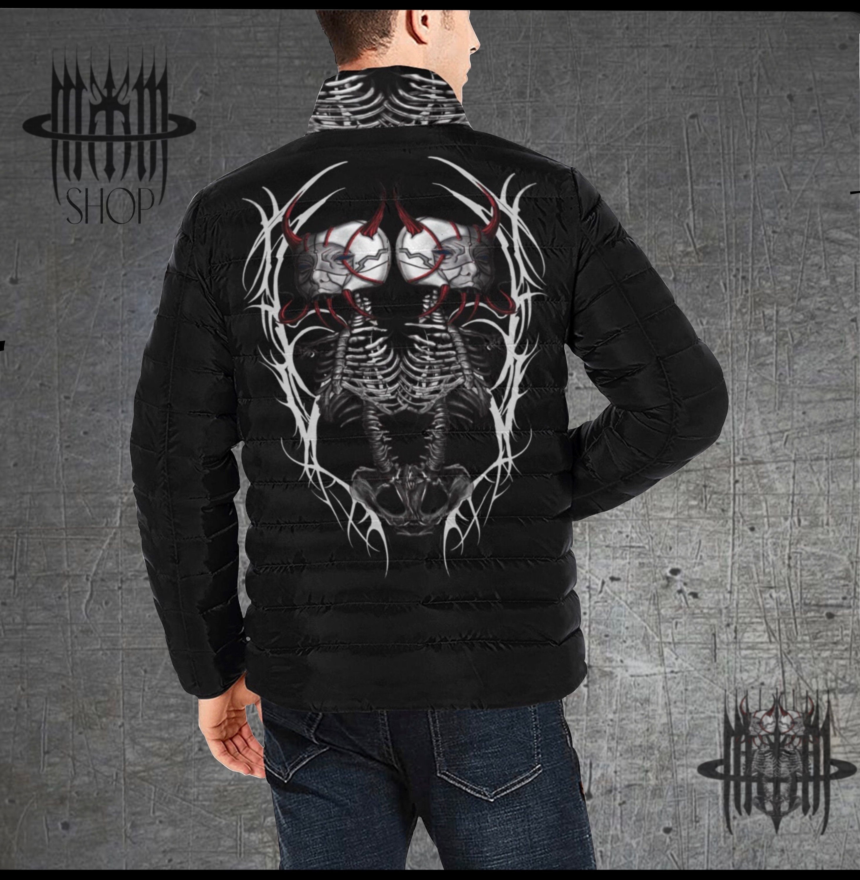 MK0KM Cybernetic Crossed Skeletons , Black Quilted Puffer Jacket - Dark ...