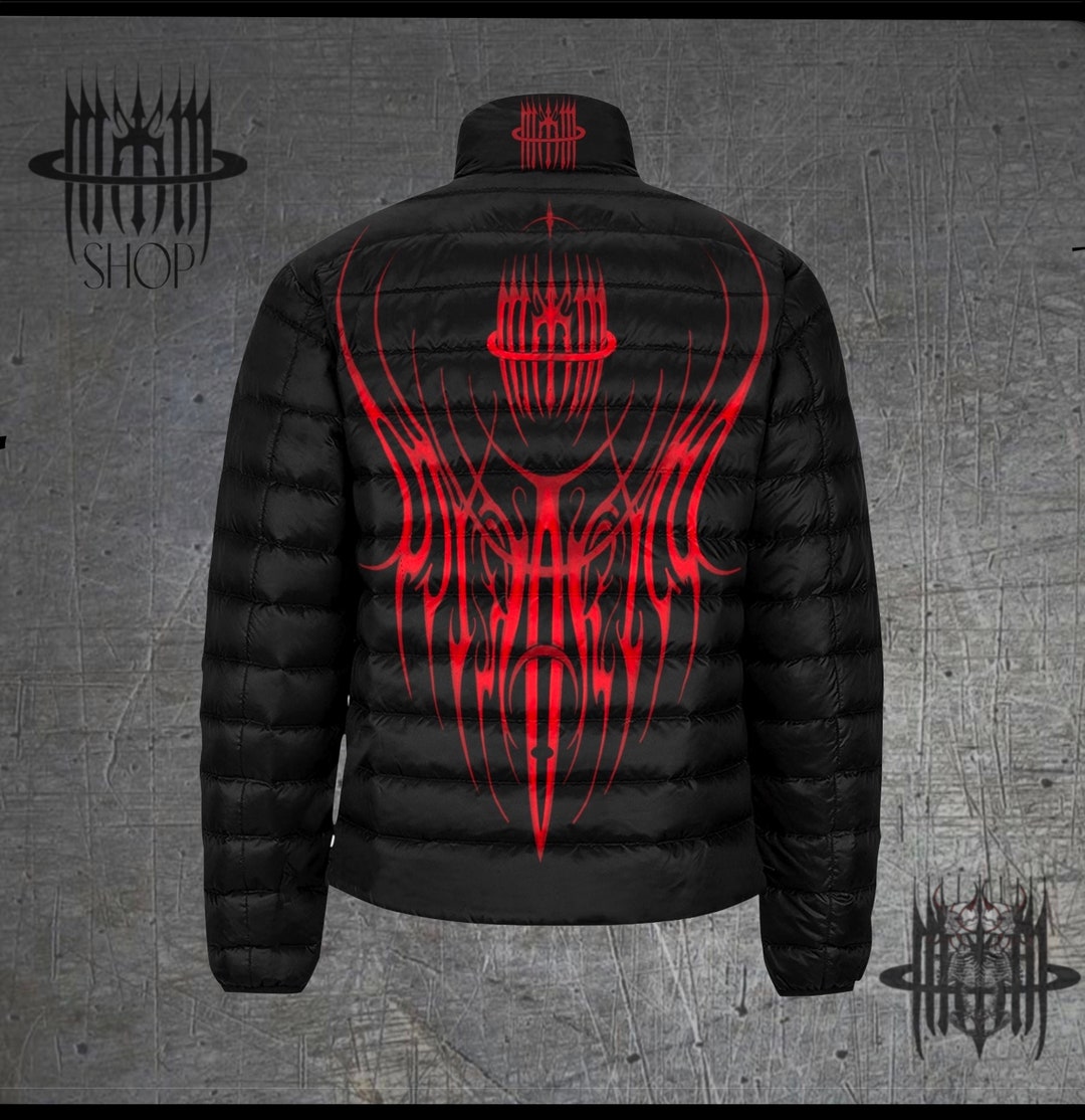 MK0KM Black Quilted Puffer Jacket W/ Red Lettering Dark Goth Punk ...