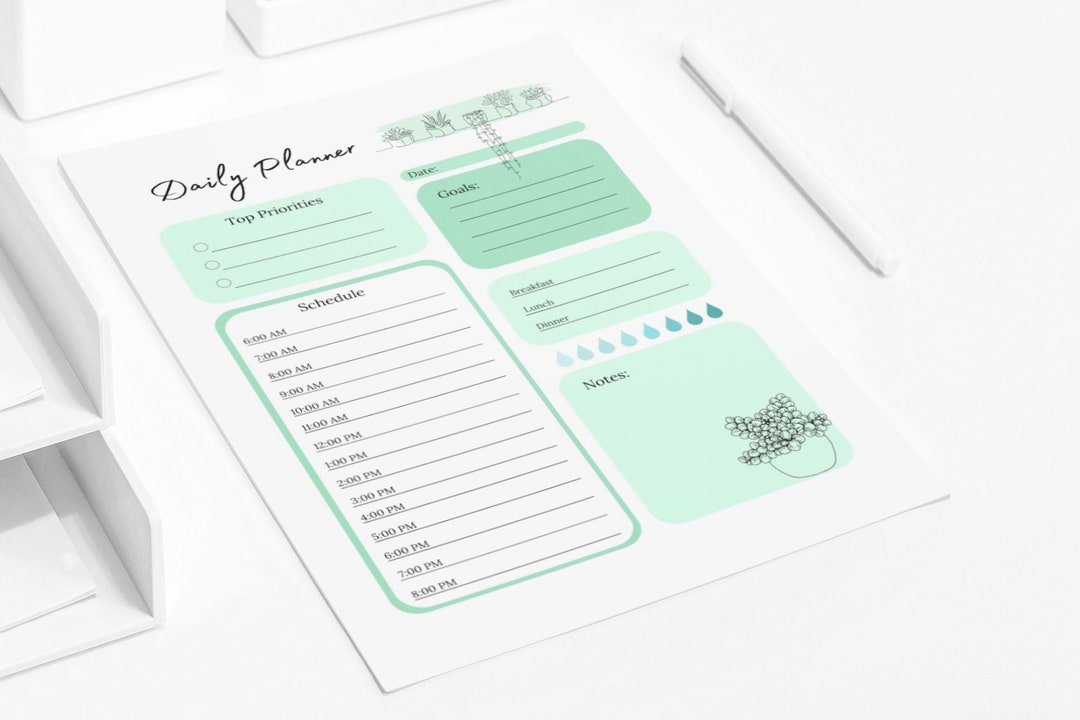 Succulent Themed Daily Planner Green Daily Planner, Minimalist, Pastel ...