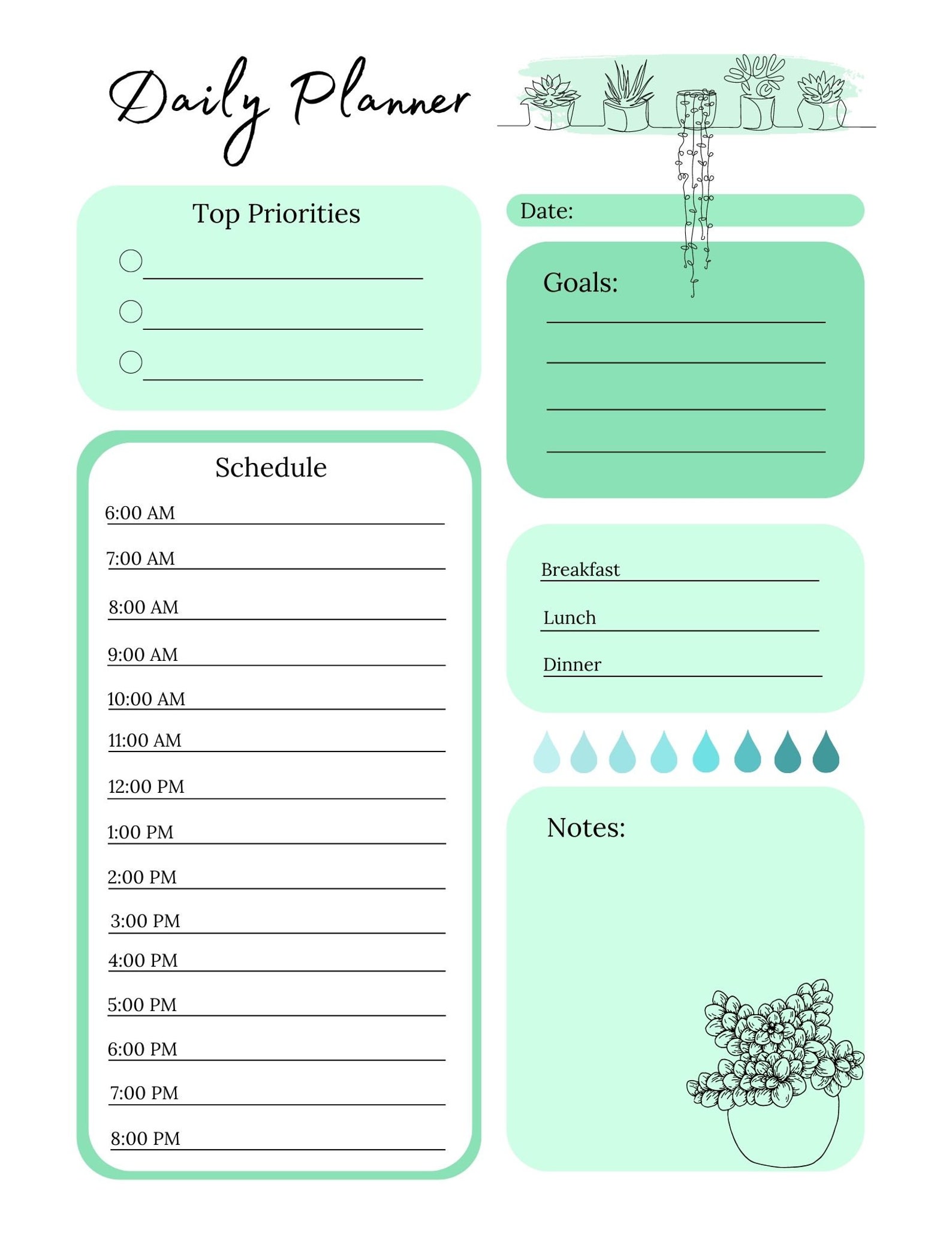 Succulent Themed Daily Planner Green Daily Planner, Minimalist, Pastel ...