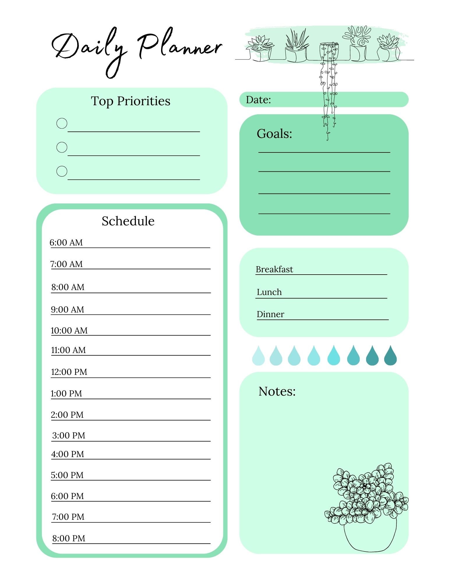 Succulent Themed Daily Planner Green Daily Planner, Minimalist, Pastel ...