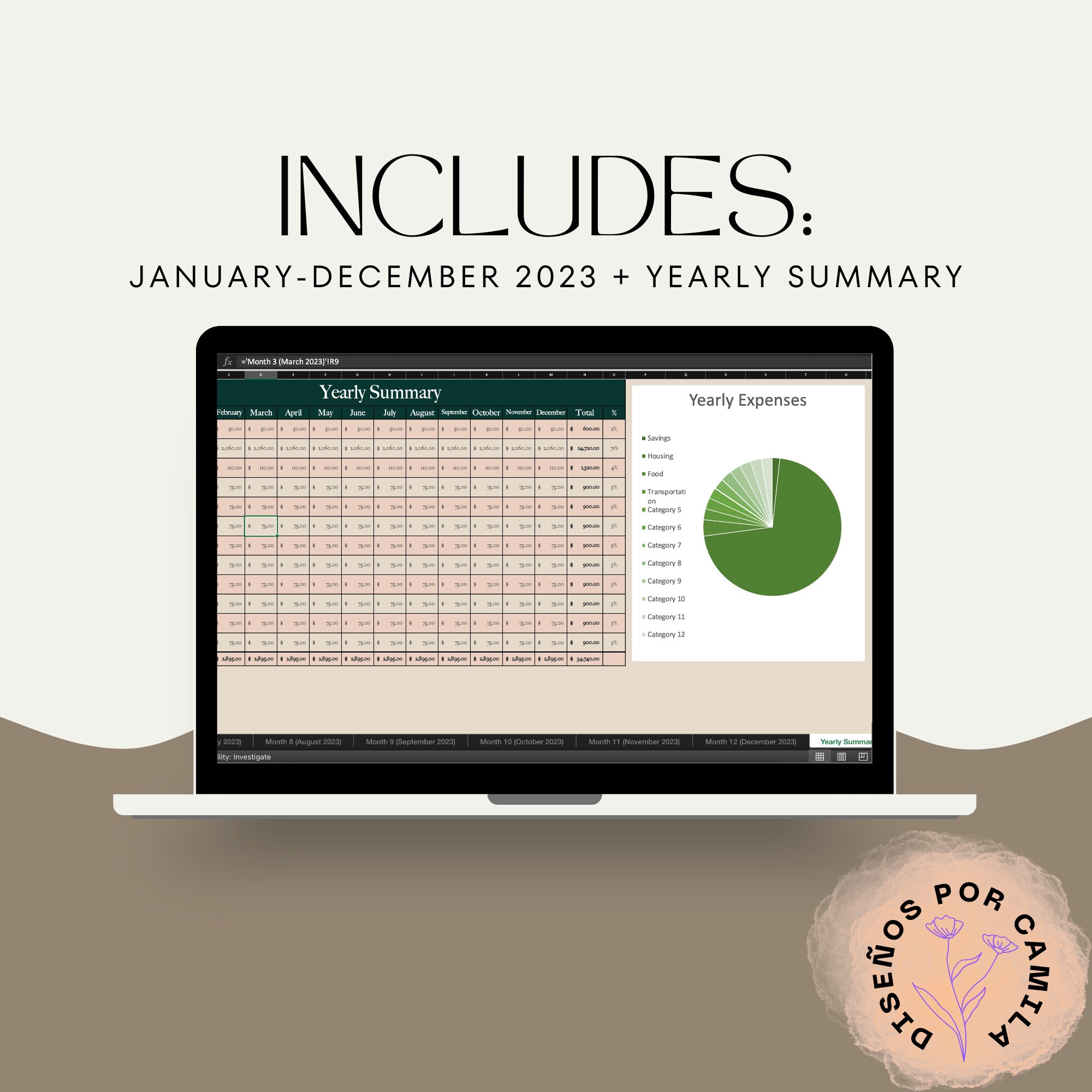 Monthly Budget and Yearly Summary Tracker Template | Excel Template ...
