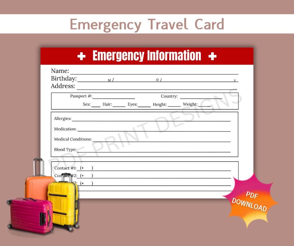 Emergency Travel Card PDF Download - Etsy