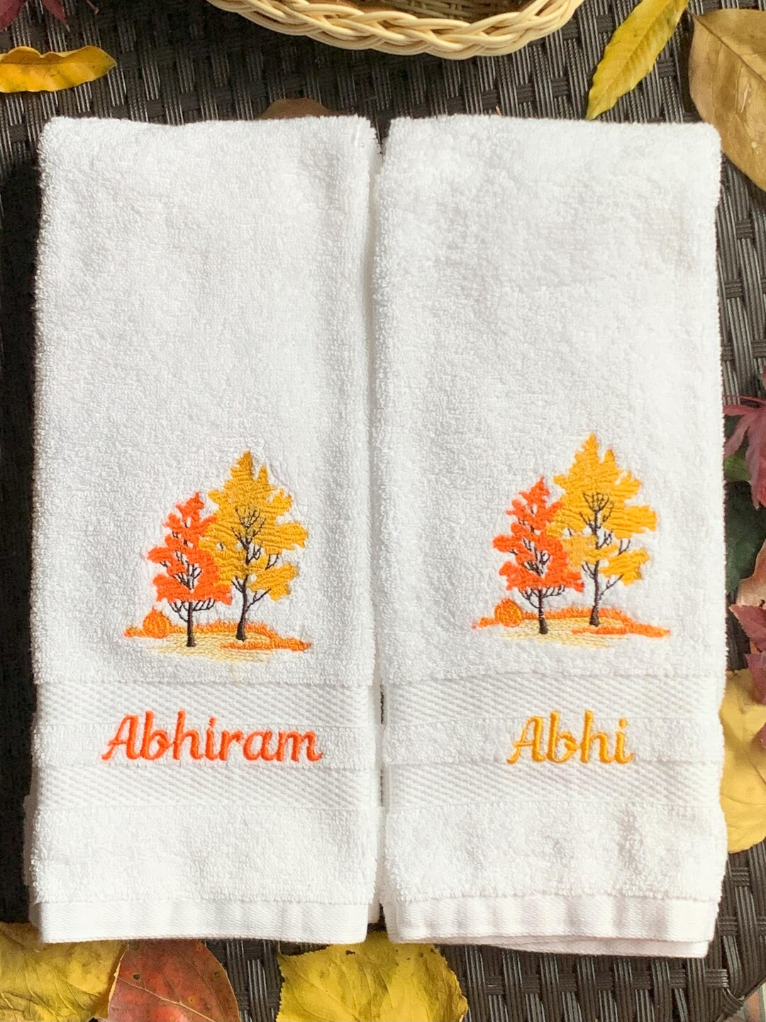 Fall Embroidered Hand Towels – Personalized Autumn Leaves Towel Set ...