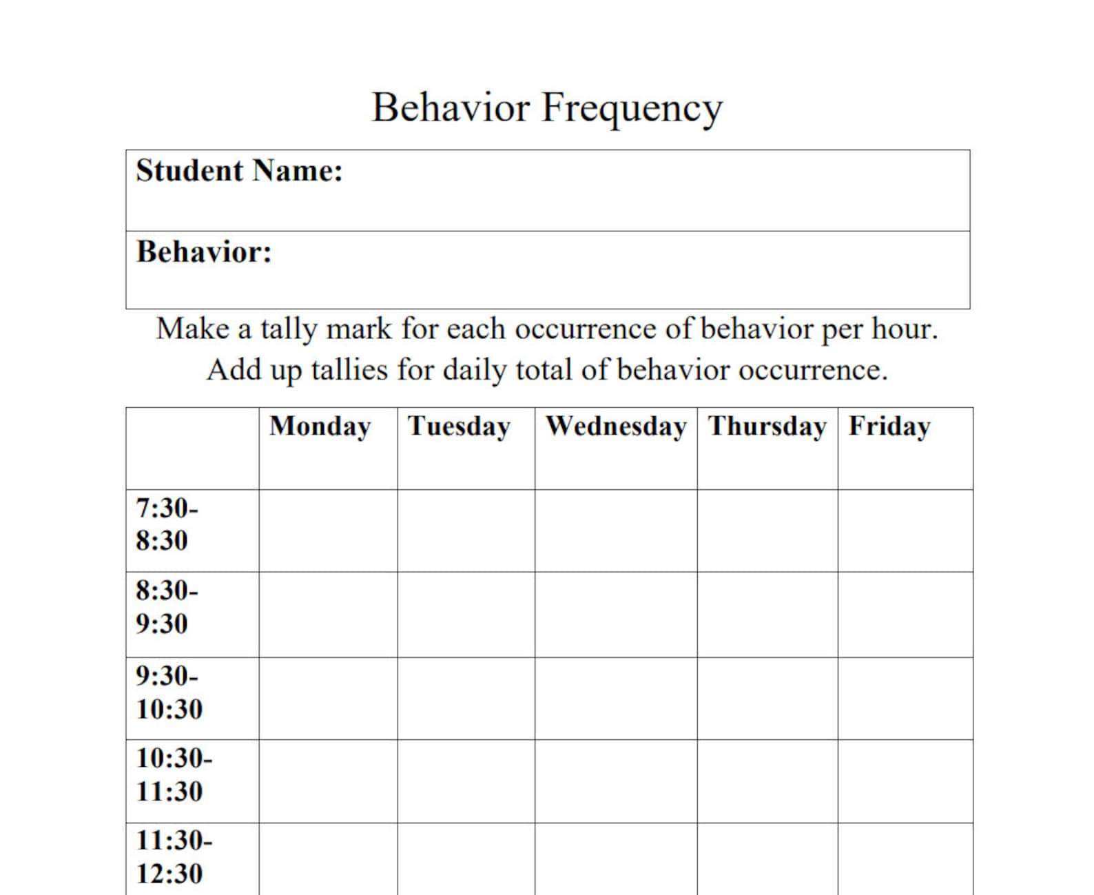 Hourly Behavior Frequency Sheet, Behavior Frequency, Sped, IEP ...