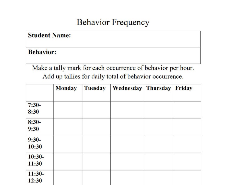 Hourly Behavior Frequency Sheet, Behavior Frequency, Sped, IEP ...