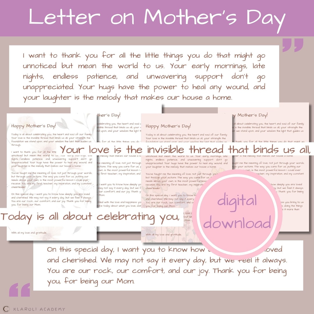 Heartfelt Letter for Mother, Mother's Day Printable, Gift to Mum ...