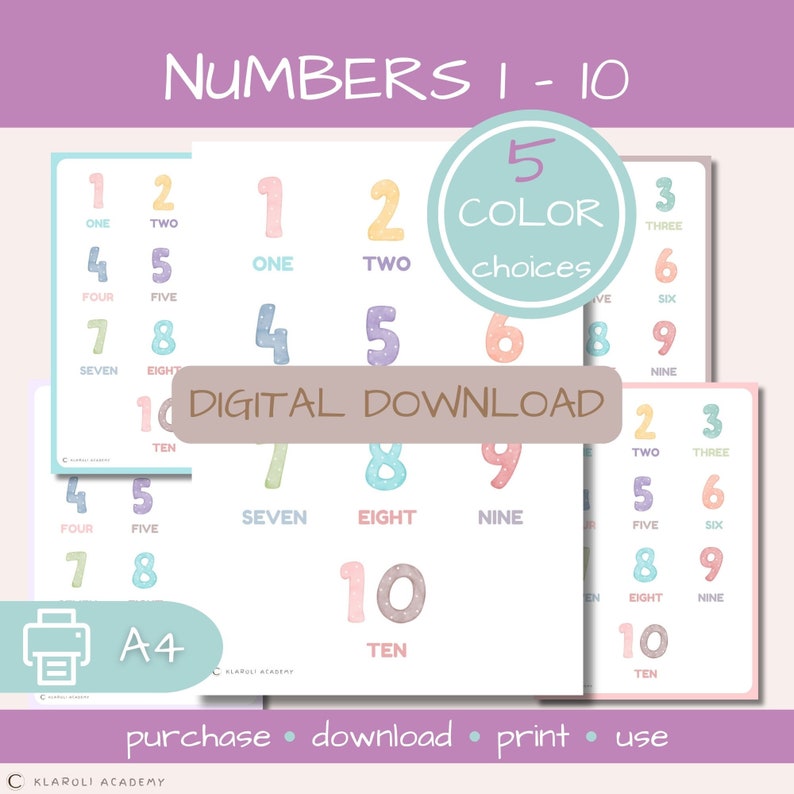 Colorful Numbers 1-10 PRINTABLE A4 Poster for Preschoolers, Counting ...
