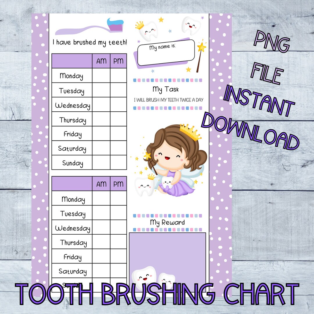 Tooth Brushing Chart Girls Tooth Fairy Themed Printable PNG - Etsy