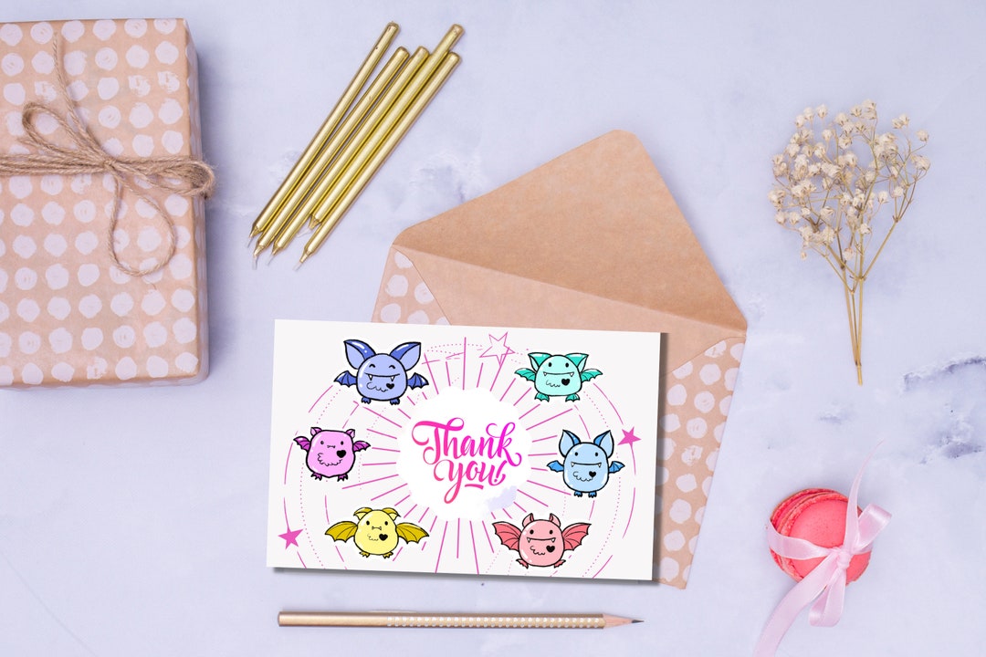 Colorful Bats Thank You Cards Instant Download Cute Bat - Etsy
