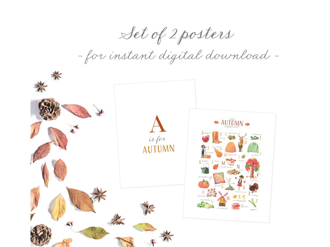 Set of 2 Autumn Fall Alphabet ABC Seasonal Posters Watercolor Kidsroom ...