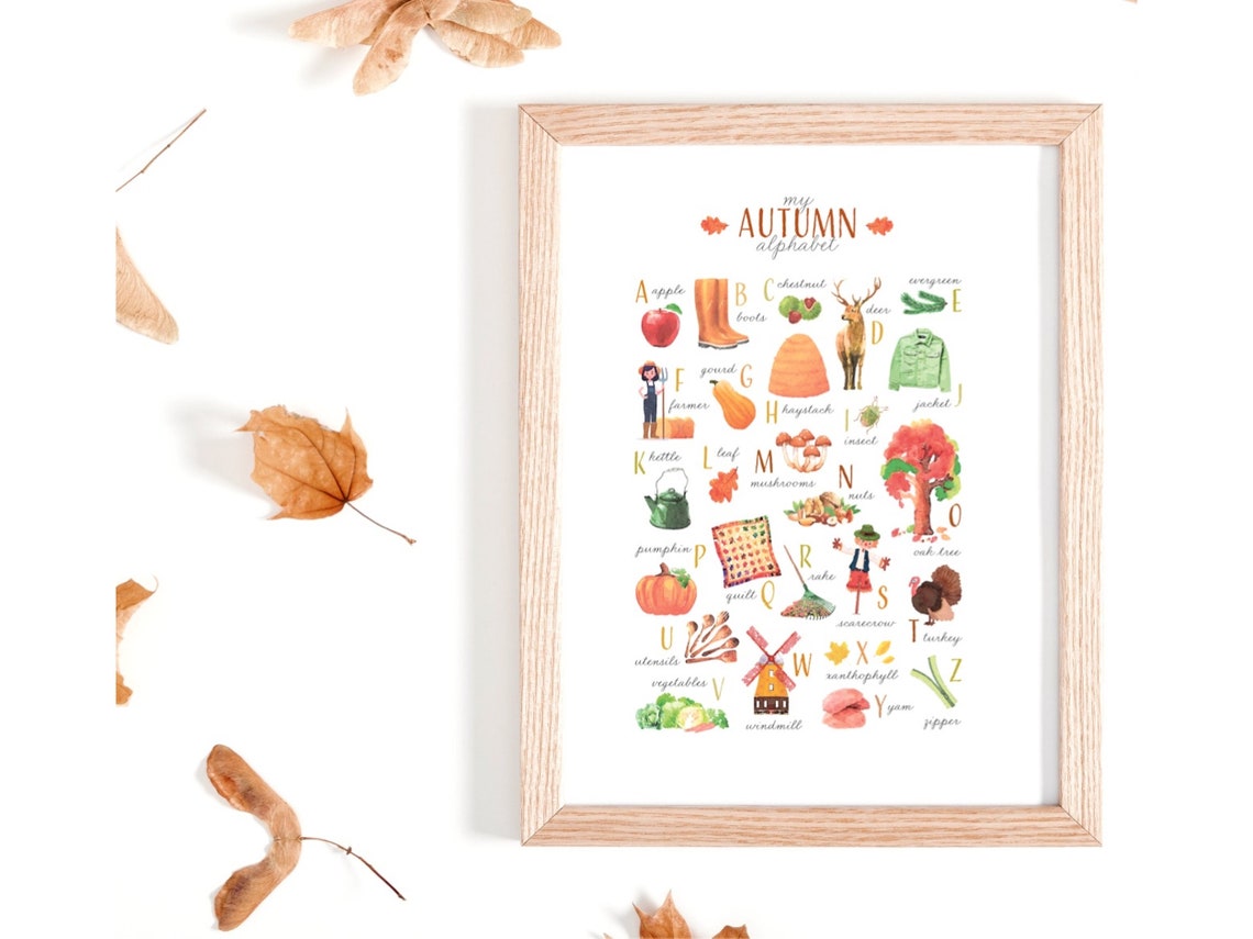 Set of 2 Autumn Fall Alphabet ABC Seasonal Posters Watercolor Kidsroom ...