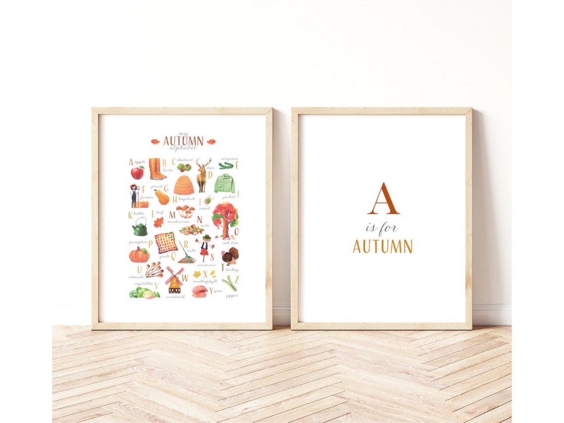 Set of 2 Autumn Fall Alphabet ABC Seasonal Posters Watercolor Kidsroom ...