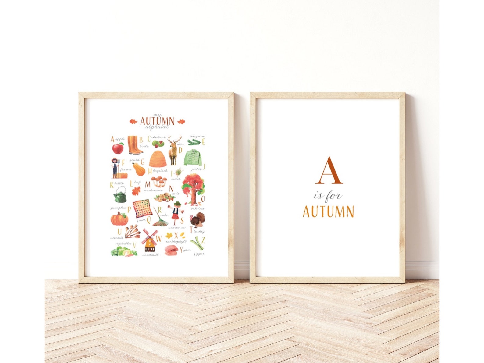 Set of 2 Autumn Fall Alphabet ABC Seasonal Posters Watercolor Kidsroom ...