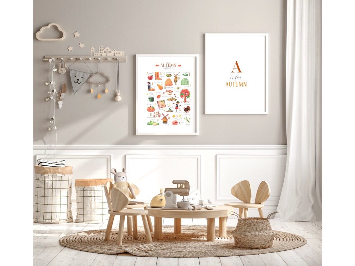 Set of 2 Autumn Fall Alphabet ABC Seasonal Posters Watercolor Kidsroom ...