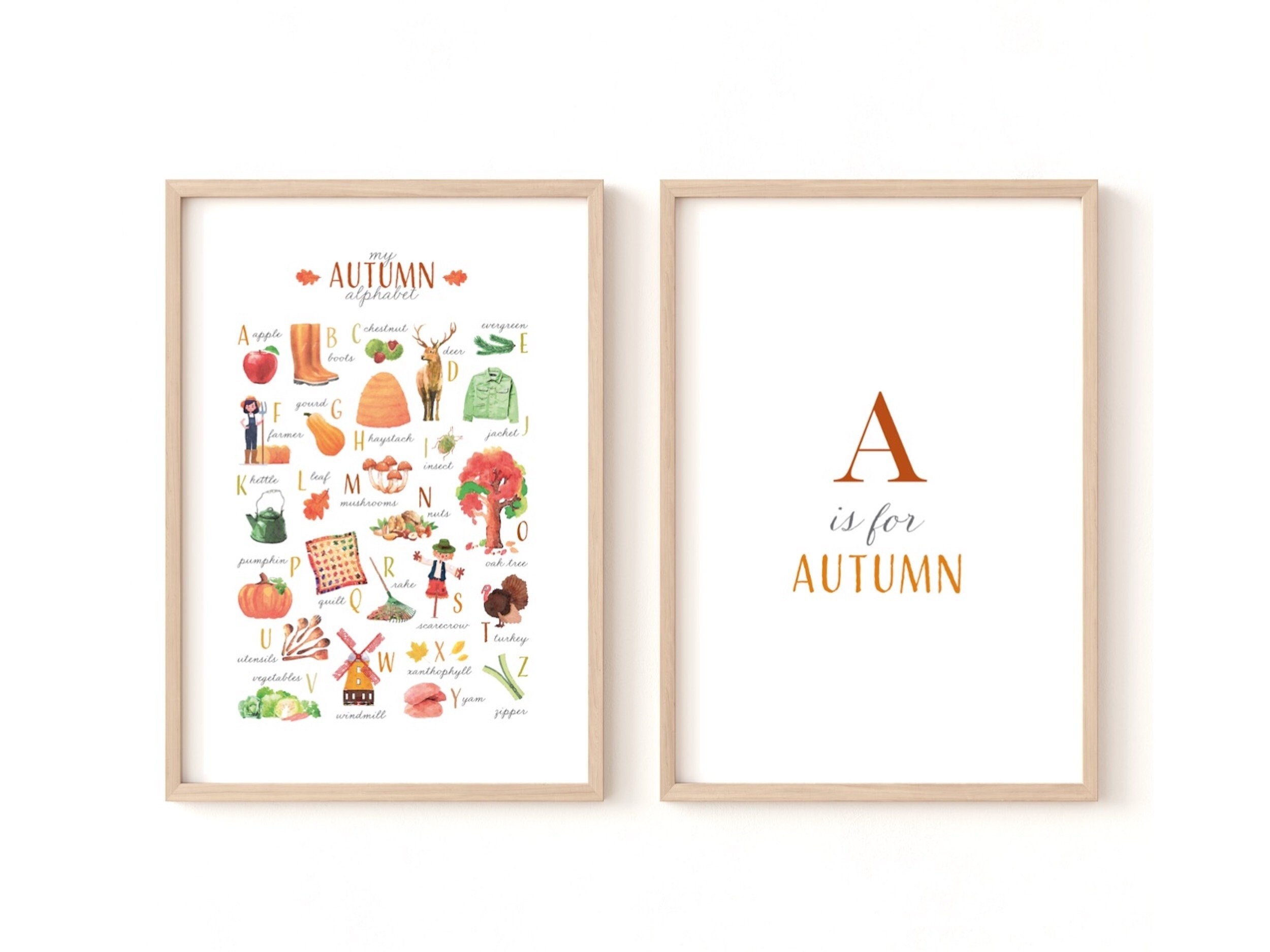 Set of 2 Autumn Fall Alphabet ABC Seasonal Posters Watercolor Kidsroom ...