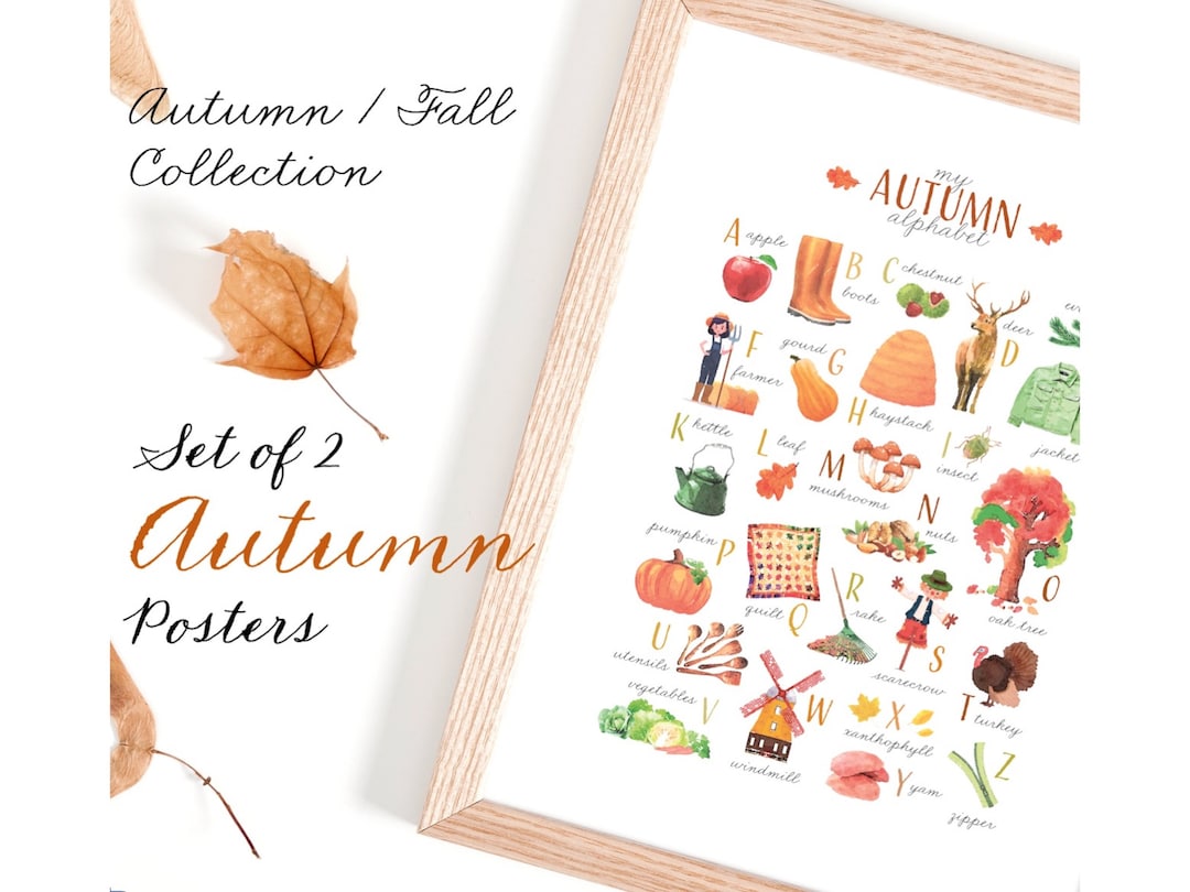 Set of 2 Autumn Fall Alphabet ABC Seasonal Posters Watercolor Kidsroom ...