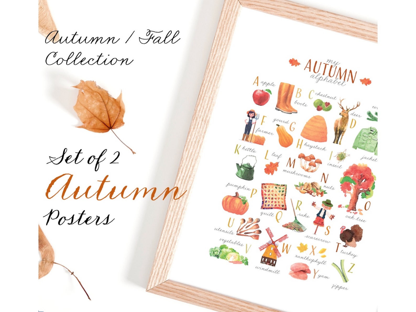 Set of 2 Autumn Fall Alphabet ABC Seasonal Posters Watercolor Kidsroom ...