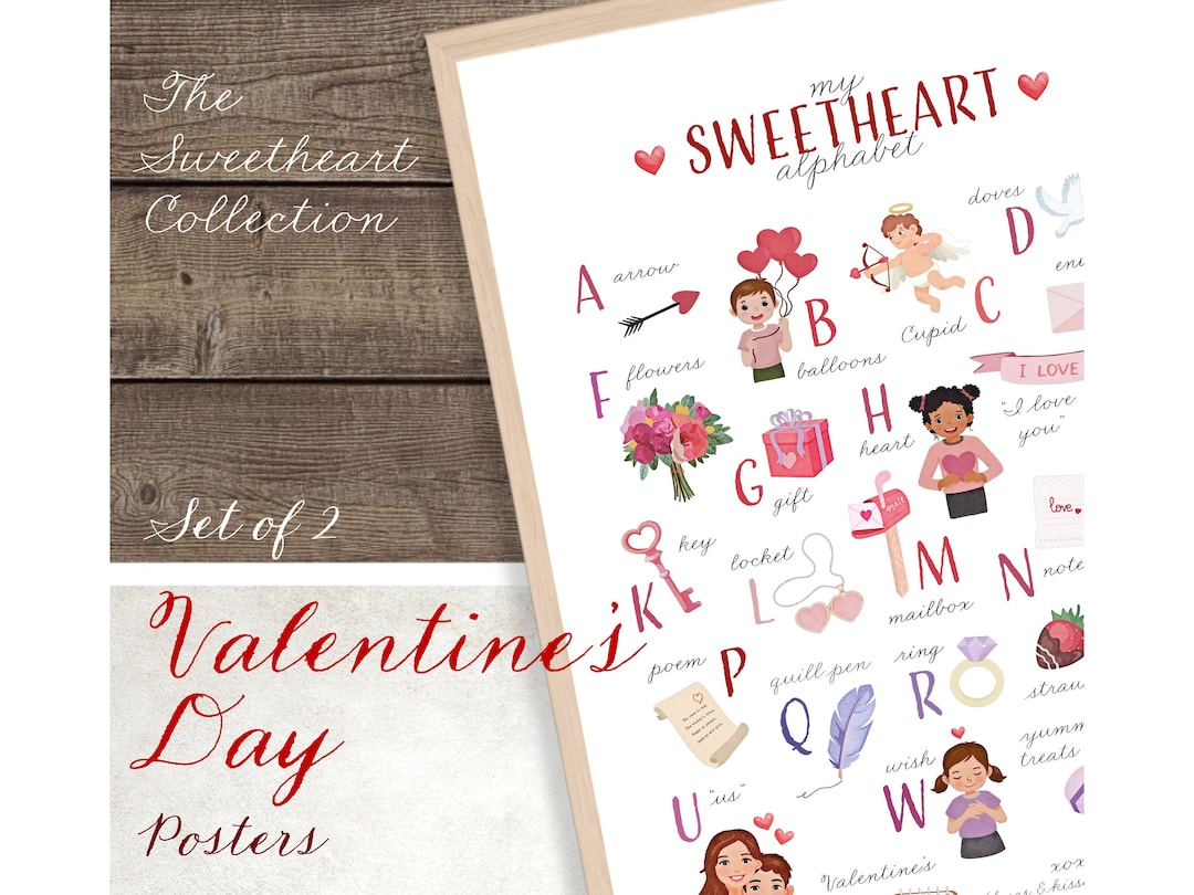 Set of 2 Valentine's Day ABC Alphabet Posters Wall Decor Sweetheart ...