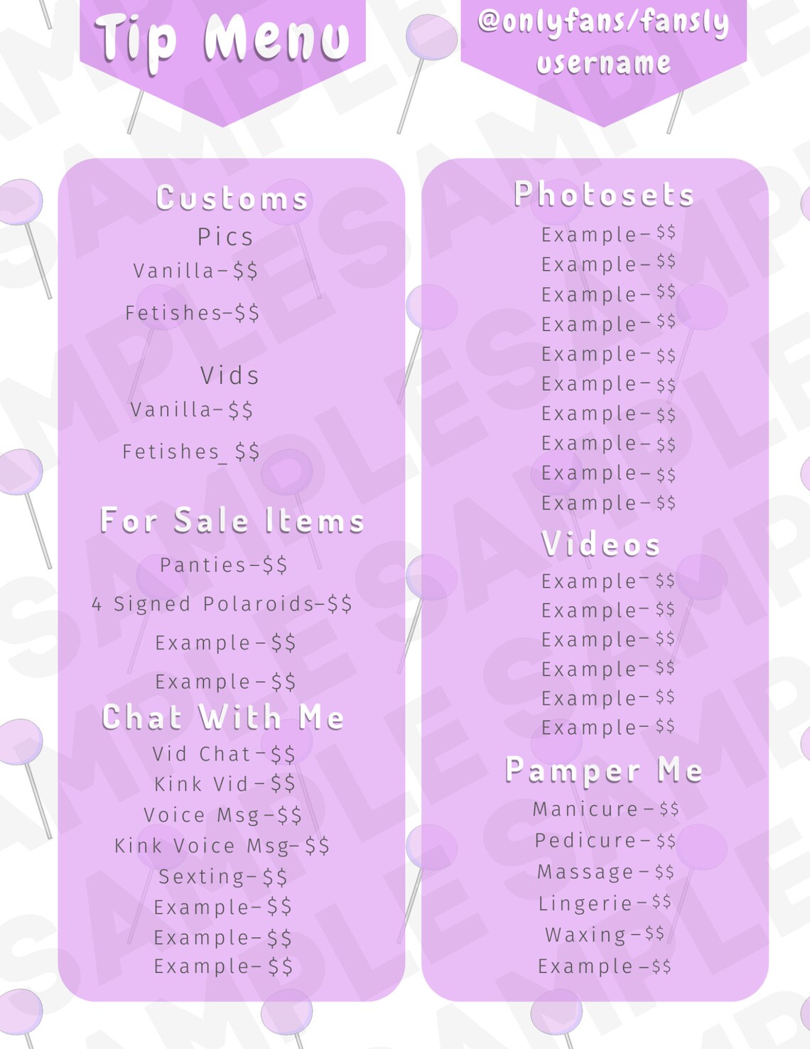 Editable Onlyfans/fansly Tip Menu Purple Lollipop - Etsy UK