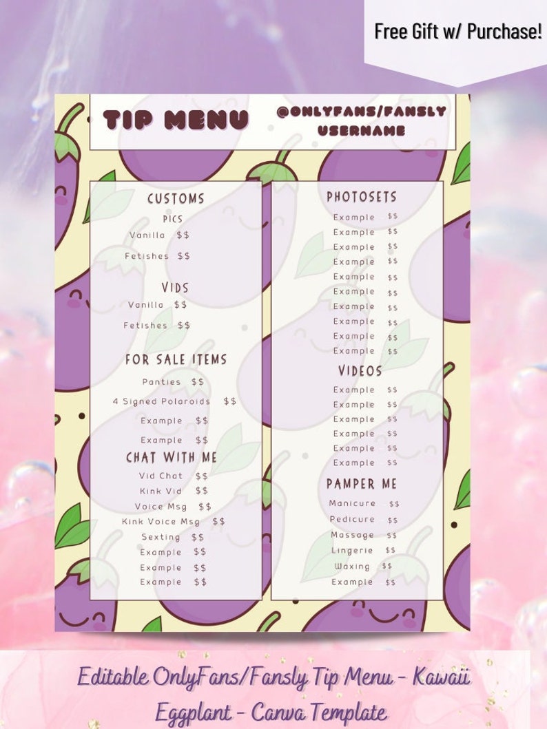 Editable Onlyfans/fansly Tip Menu Kawaii Eggplant - Etsy