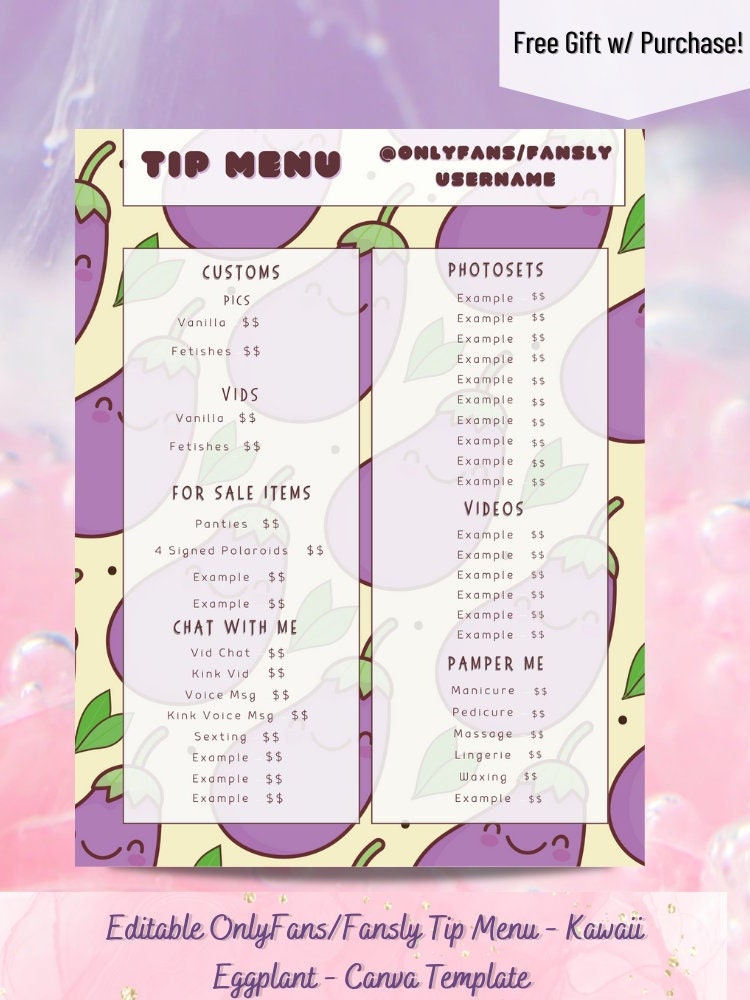 Editable Onlyfans/fansly Tip Menu Kawaii Eggplant - Etsy