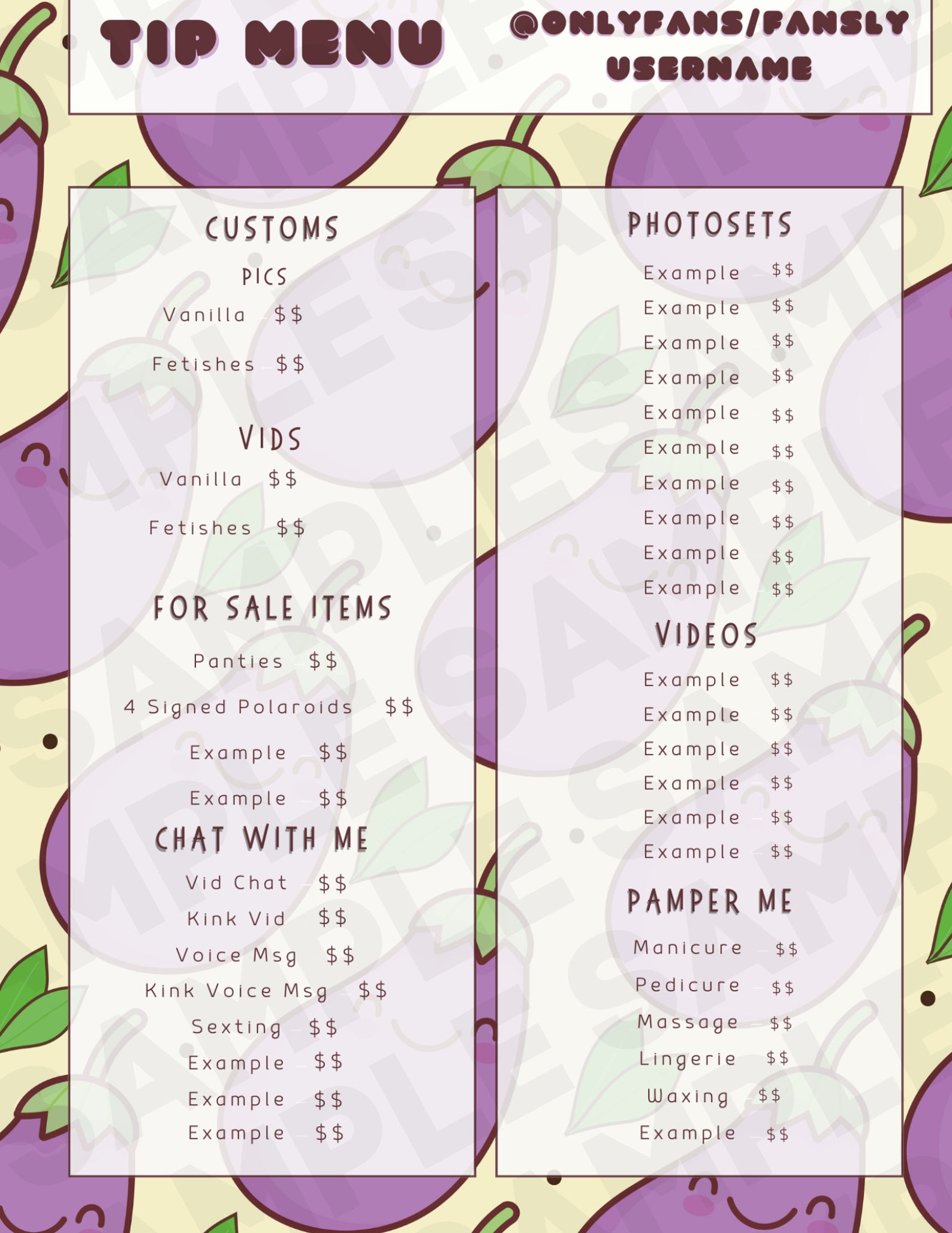 Editable Onlyfans/fansly Tip Menu Kawaii Eggplant - Etsy