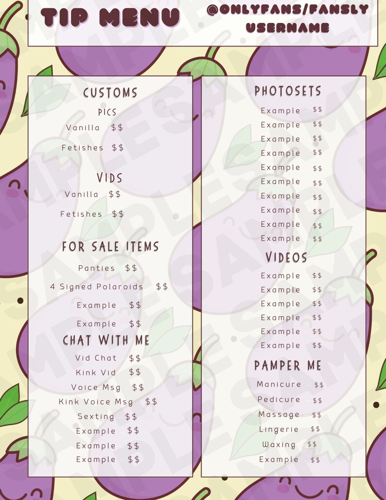Editable Onlyfans/fansly Tip Menu Kawaii Eggplant - Etsy